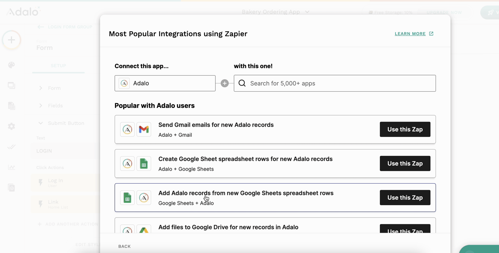 How Adalo surfaces pre-built Zaps in-product